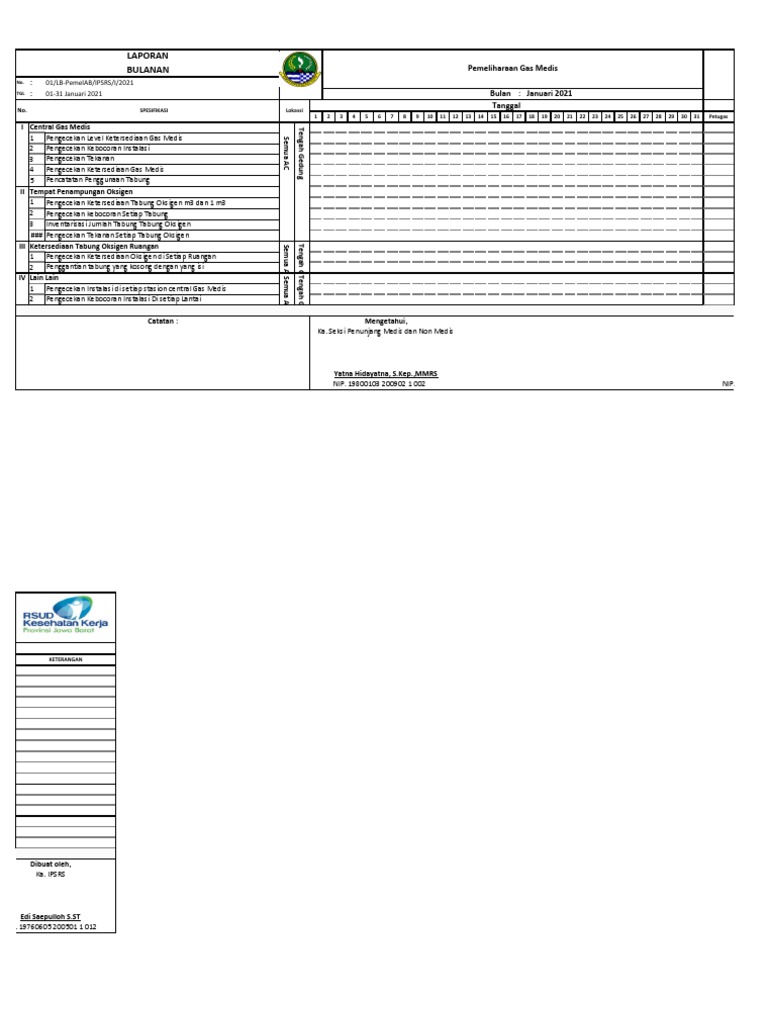 MFK 8.1 Ep 4 Laporan Pemeliharaan Prev Gas Medis | PDF