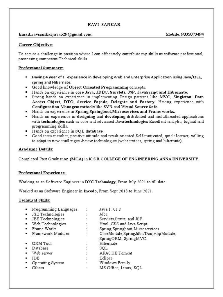 RAVISANKAR4 Yrs - Senioor Java Dev - Bangalore | PDF | Spring Framework | Java Script