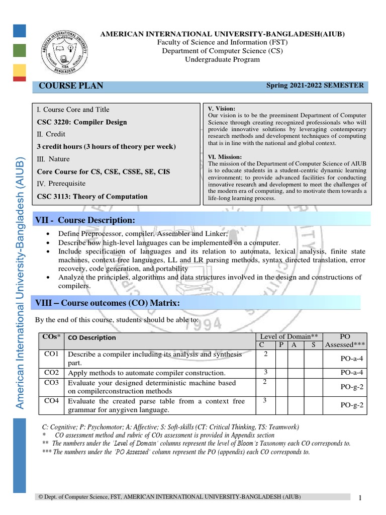 CSC 3216 COMPILER DESIGN Course Outline Spring-21-22 | PDF | Parsing | Engineering
