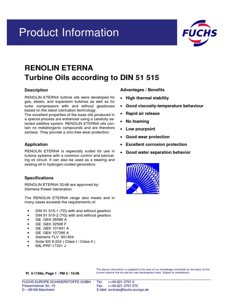 Renolin Eterna (Governor Oil) | PDF | Lubricant | Motor Oil