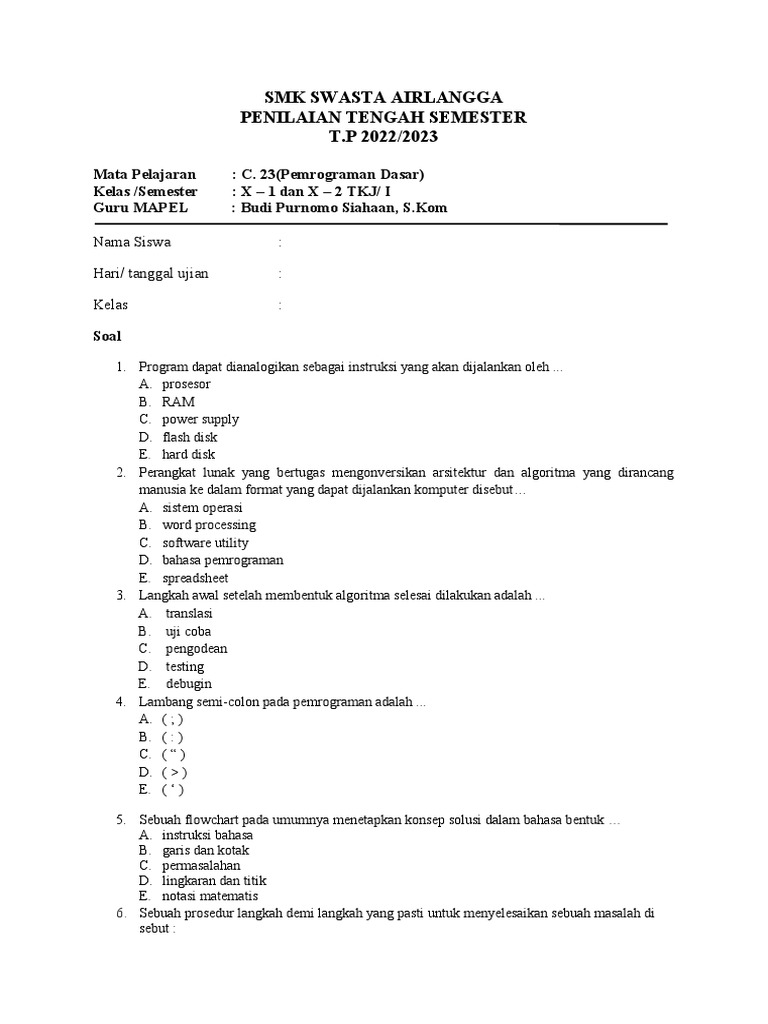 SOAL PTS c.23 Pemrograman Dasar | PDF
