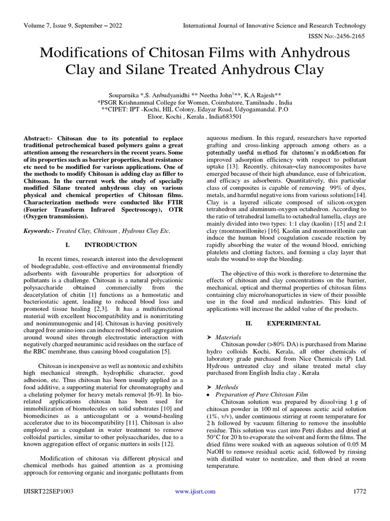 Modifications of Chitosan Films With Anhydrous Clay and Silane Treated Anhydrous Clay | PDF ...