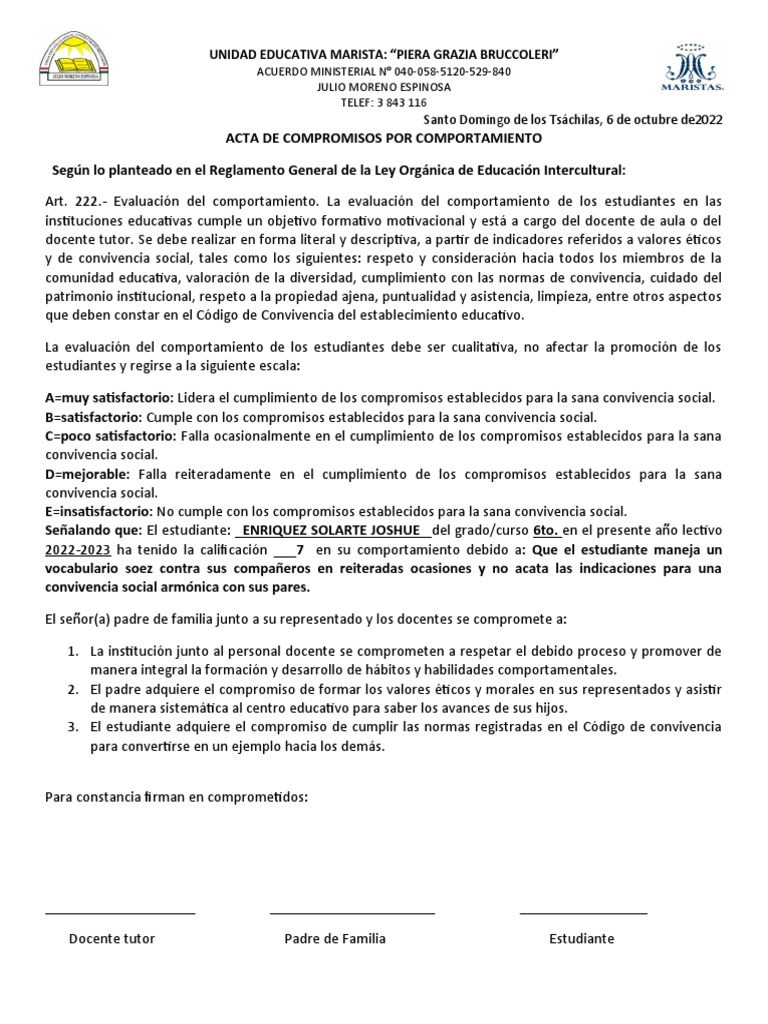 Actas de Comportamiento | Descargar gratis PDF | Maestros | Evaluación