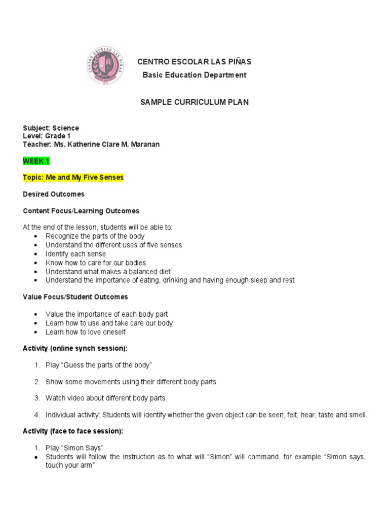 Grade School Sample Curriculum Plan | PDF | Senses | Thought