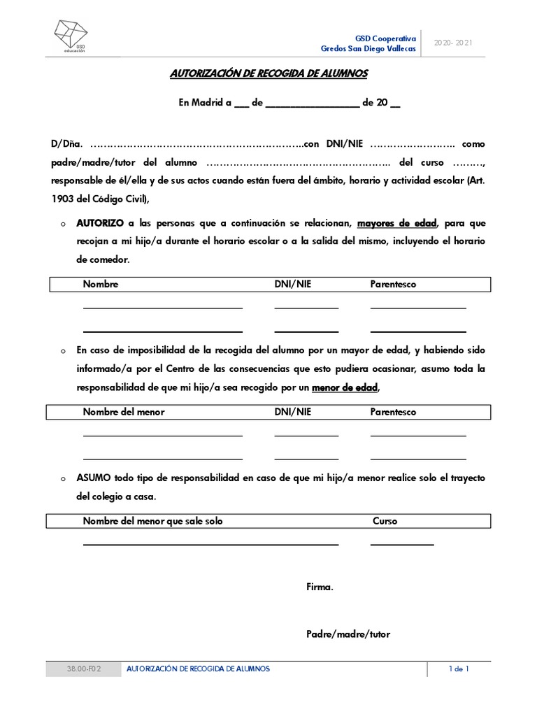 Autorización para Recoger Alumnos | PDF