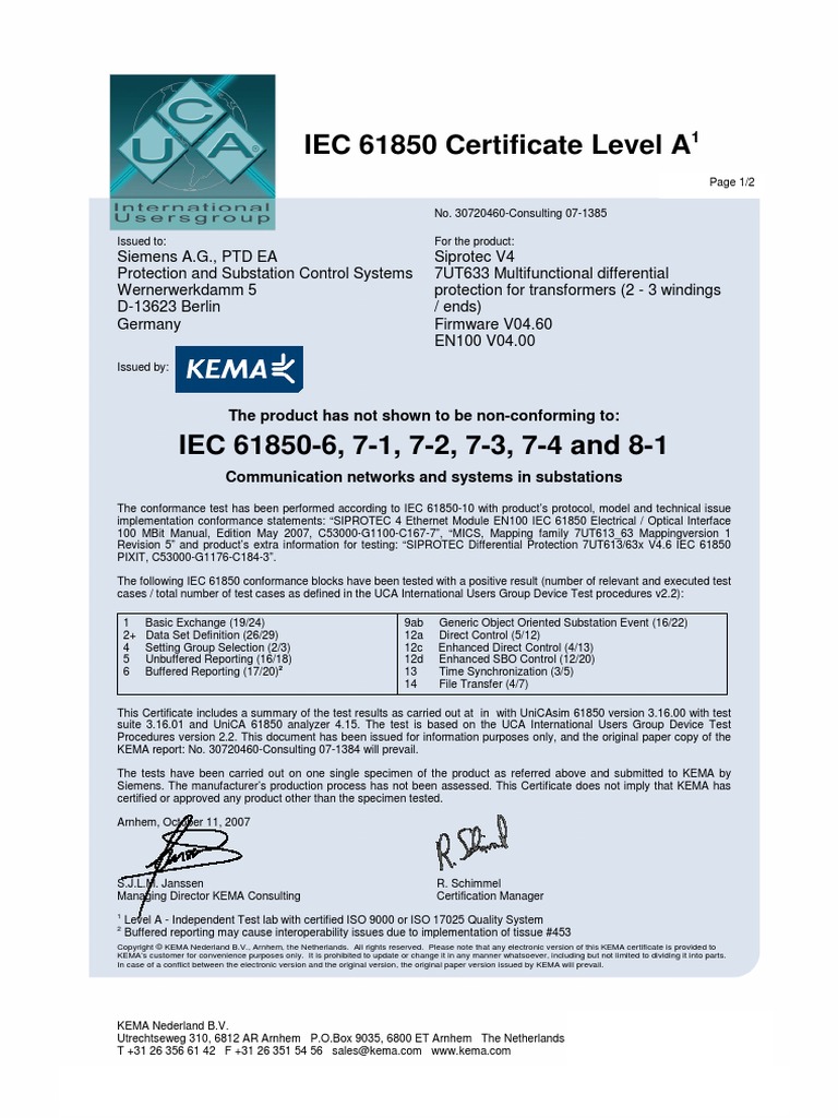 7UT633x KEMA-Certificate IEC61850 V4 | PDF | Computer Networking | Computing