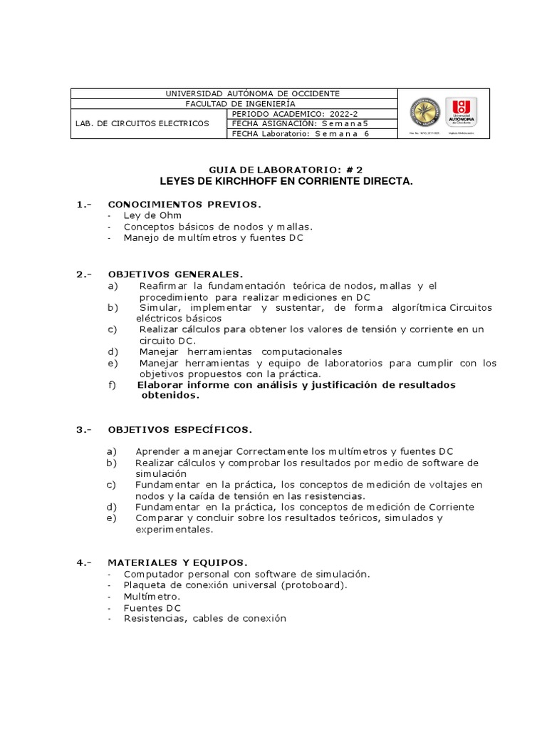 Laboratorio 2-2022A - Nodos y Mallas | PDF | Resistencia Eléctrica y Conductancia | Simulación