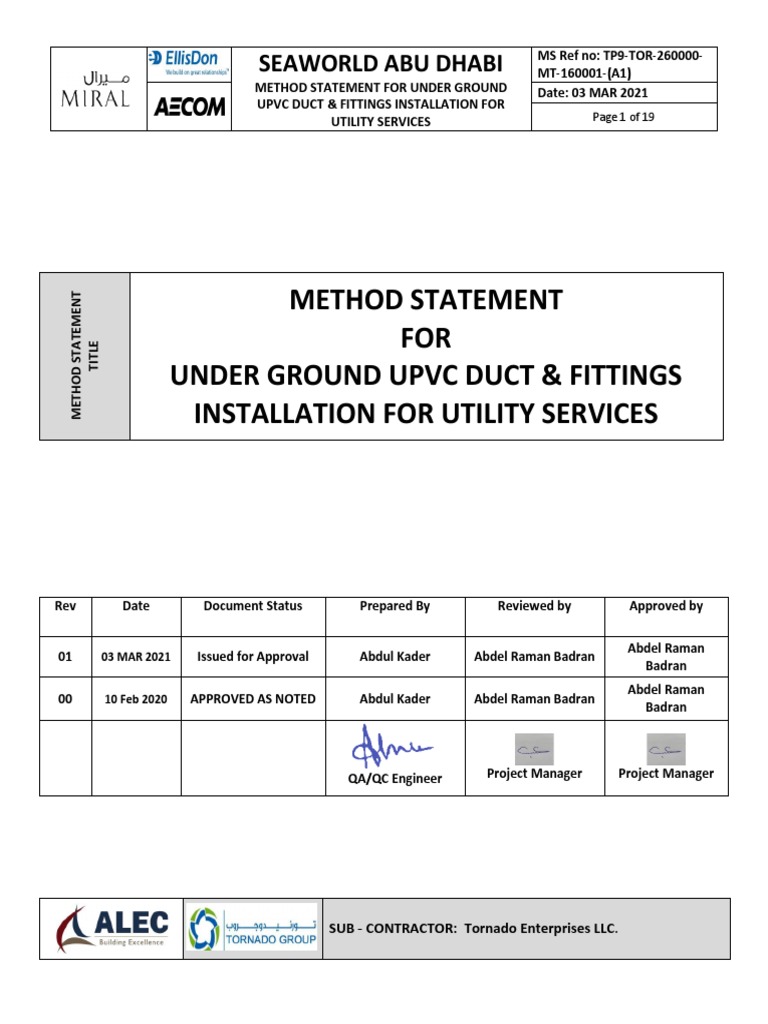 Method Statement For Underground Upvc Duct And Fittings Installation For Utility Services Pdf