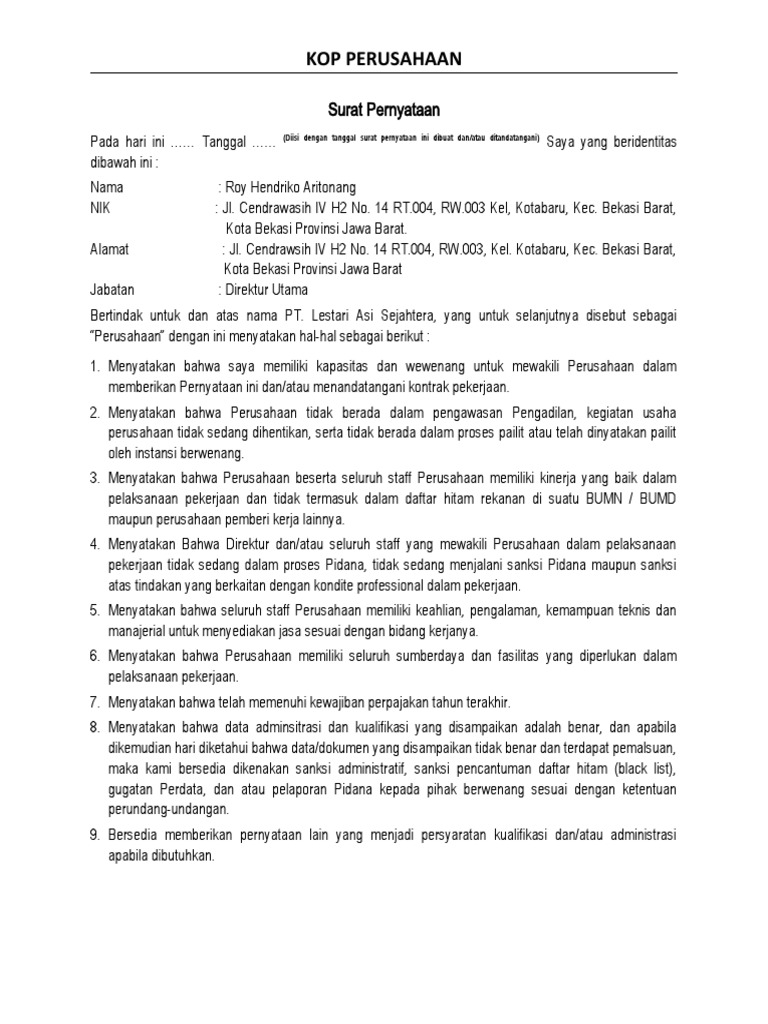 Surat Pernyataan Vendor | PDF