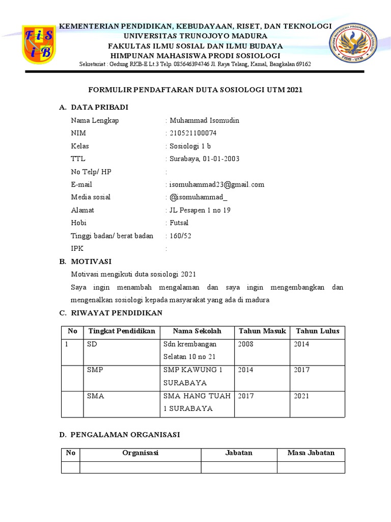 Formulir Pendaftaran Duta Sosiologi Utm 2021-1-1 | PDF