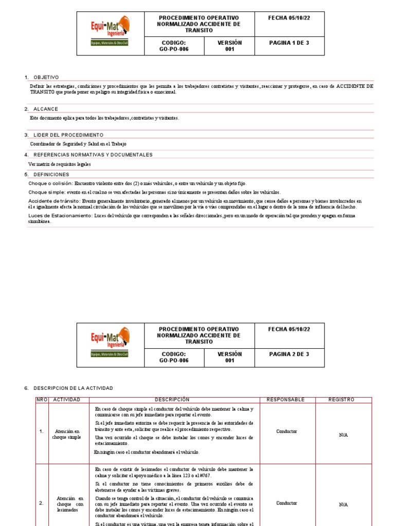 Go-Po-006 Procedimiento Operativo Normalizado Accidente de Transito Terrestre | PDF | Tecnología ...