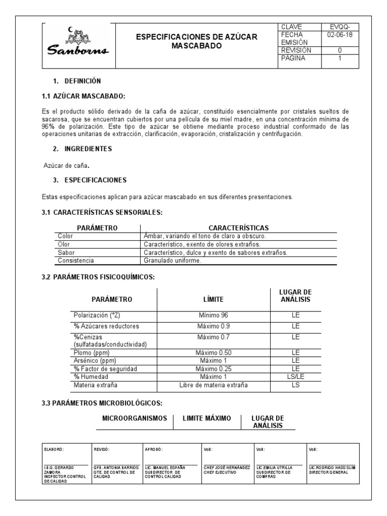 Especificaciones del Azúcar Mascabado | PDF | Azúcar | Dieta y nutrición