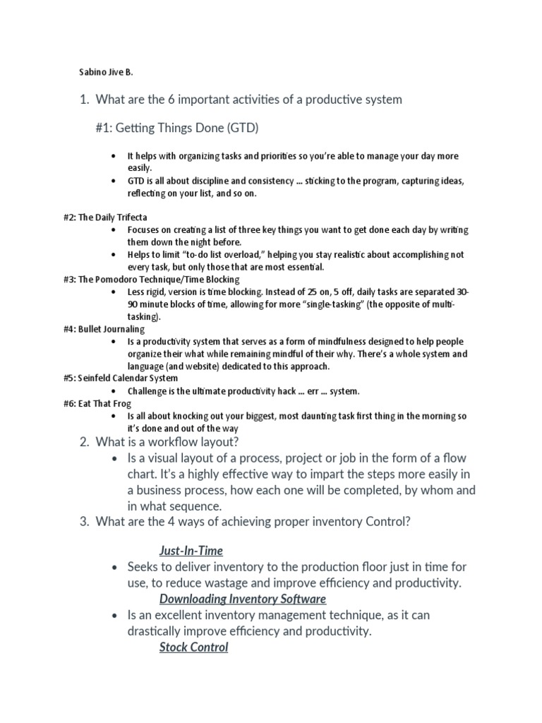 Key Productivity Systems, Workflow Layouts, Inventory Control Methods, and Transforming Existing ...