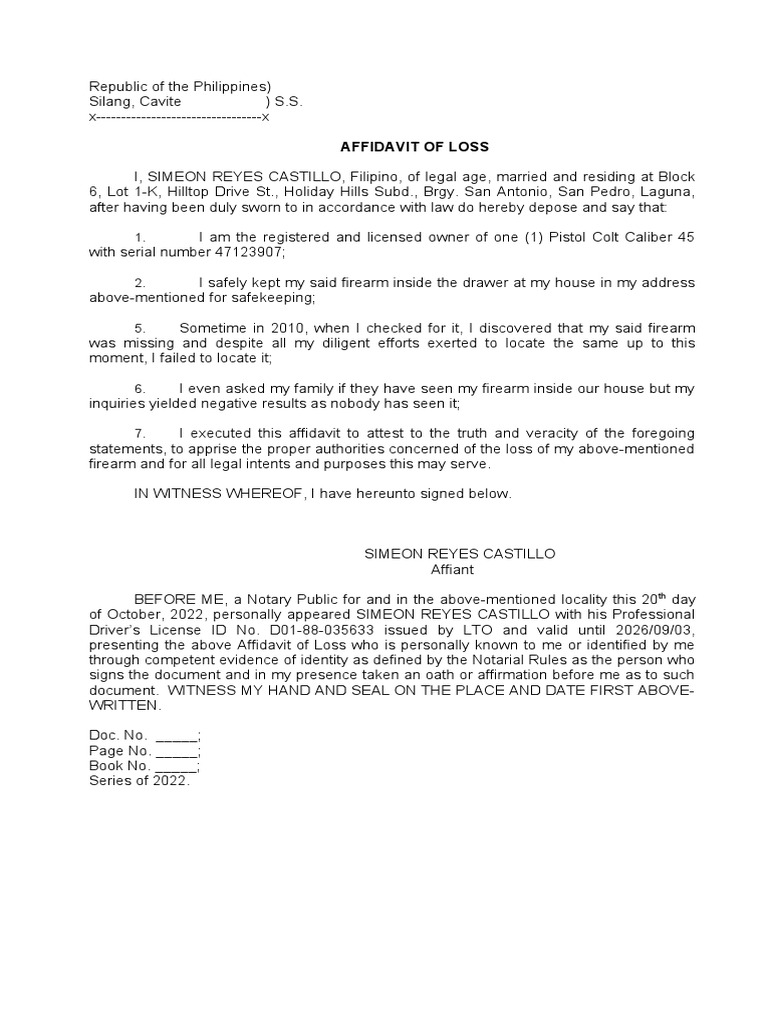 Aff Loss of Firearm | PDF | Affidavit | Notary Public