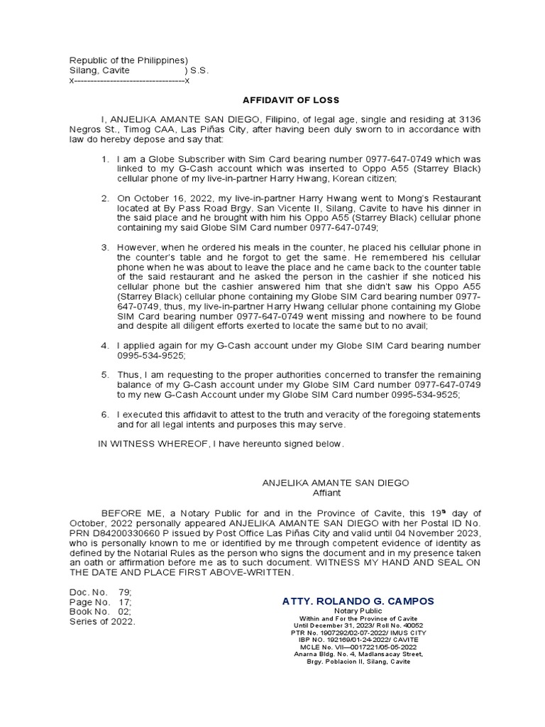 Aff - Loss of Sim Card | PDF | Affidavit | Notary Public