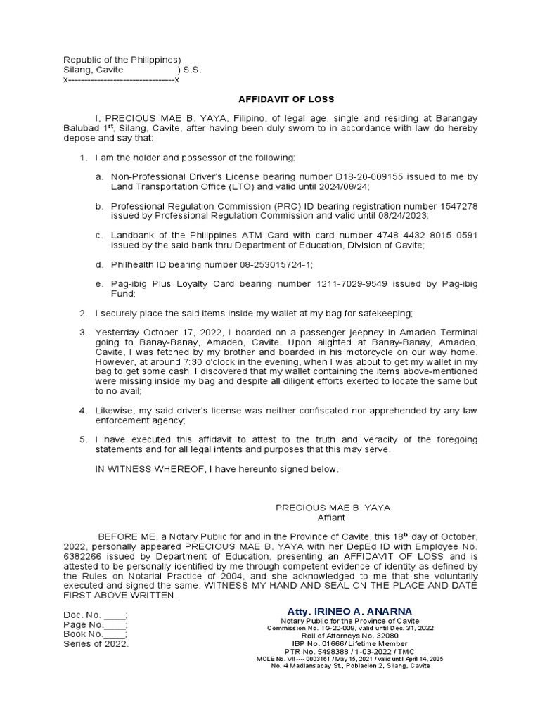 Affidavit of Loss for Identification Cards | PDF | Affidavit | Identity ...