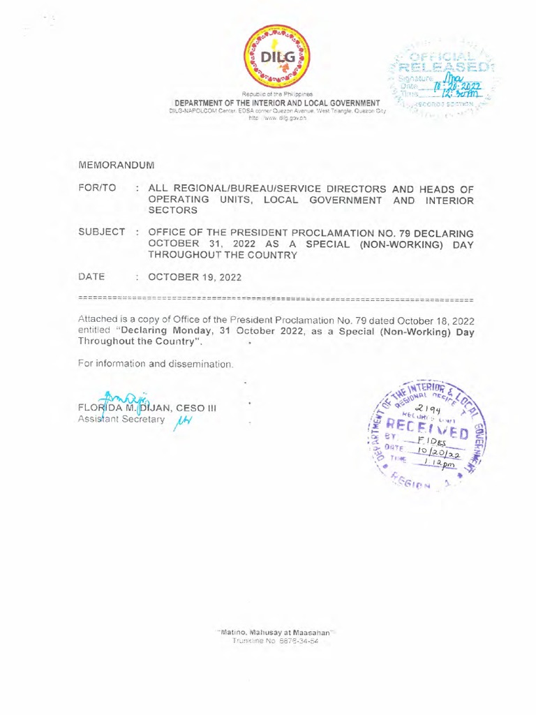 Memorandum - Office of The President Proclamation No. 79 Declaring ...