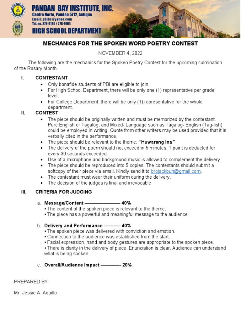 Mechanics For The Spoken Word Poetry Contest | PDF | Language Arts ...