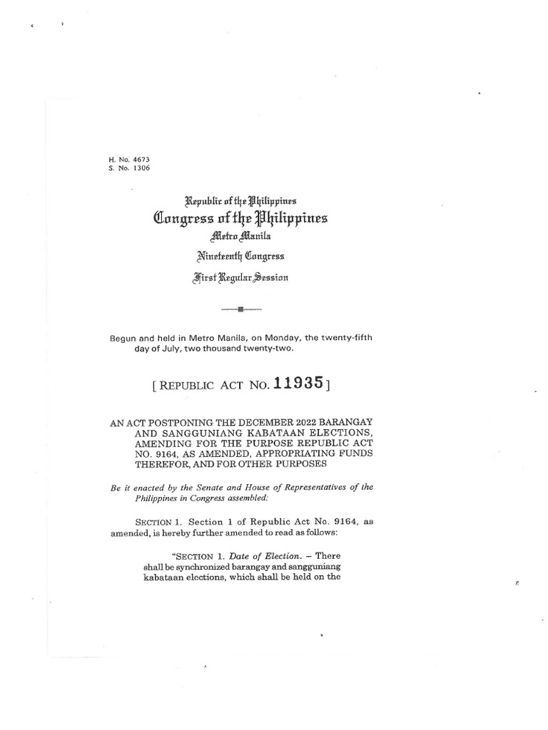 Ra 11935 Postponnement of Barangay and SK Elections To October 2023 | PDF