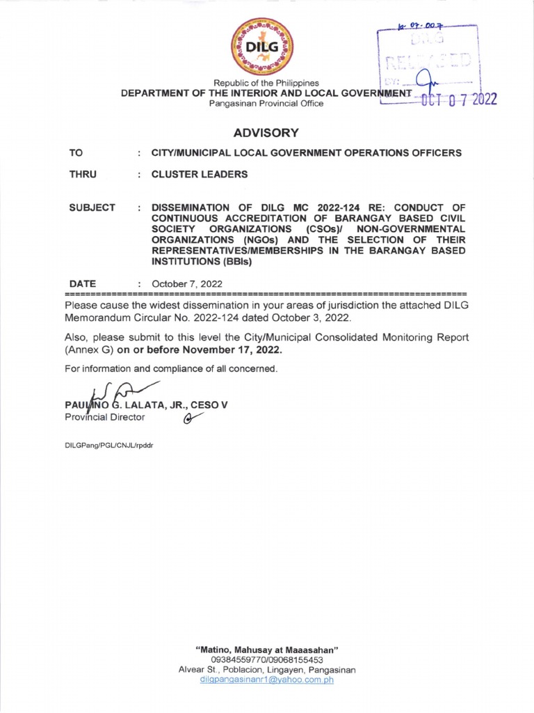 Dilg MC No. 2022-124 Accreditation of Csos in The Barangay | PDF | Non ...