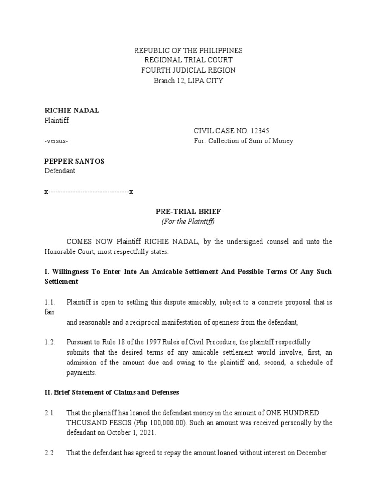 Pre-Trial Brief - Collection of Money | PDF | Discovery (Law ...