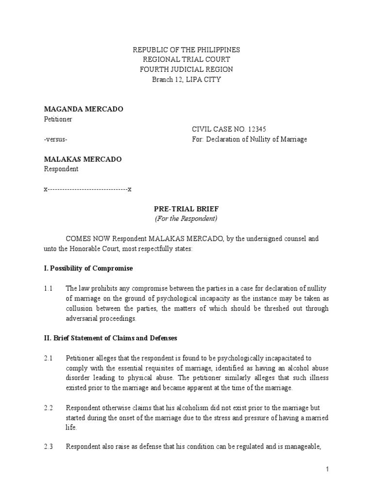 Pre-Trial Brief for Marriage Nullity Case | PDF | Marriage | Annulment