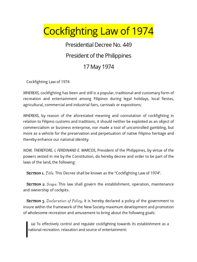 PPD 449 Cockfighting Law of 1974 | PDF | Justice | Crime & Violence