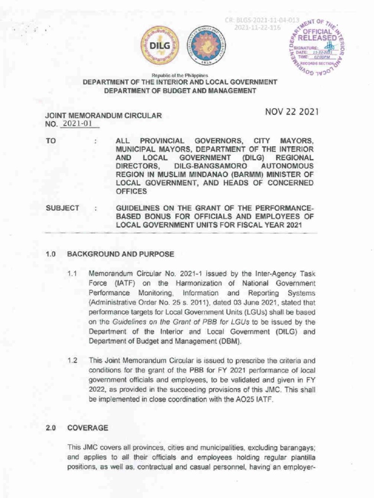 DILG-DBM JMC NO. 2021-01 GUIDELINES FOR THE GRANT OF PBB FY 2021 FOR ...
