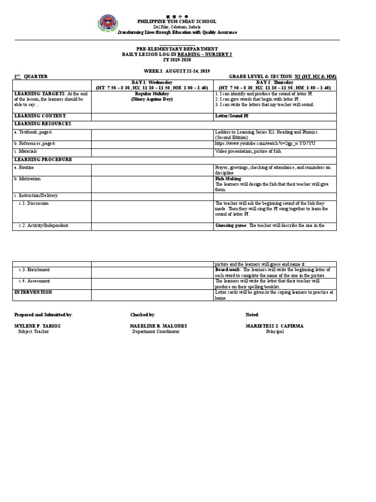 Developing Early Literacy Skills Daily Lesson Logs From The Pre