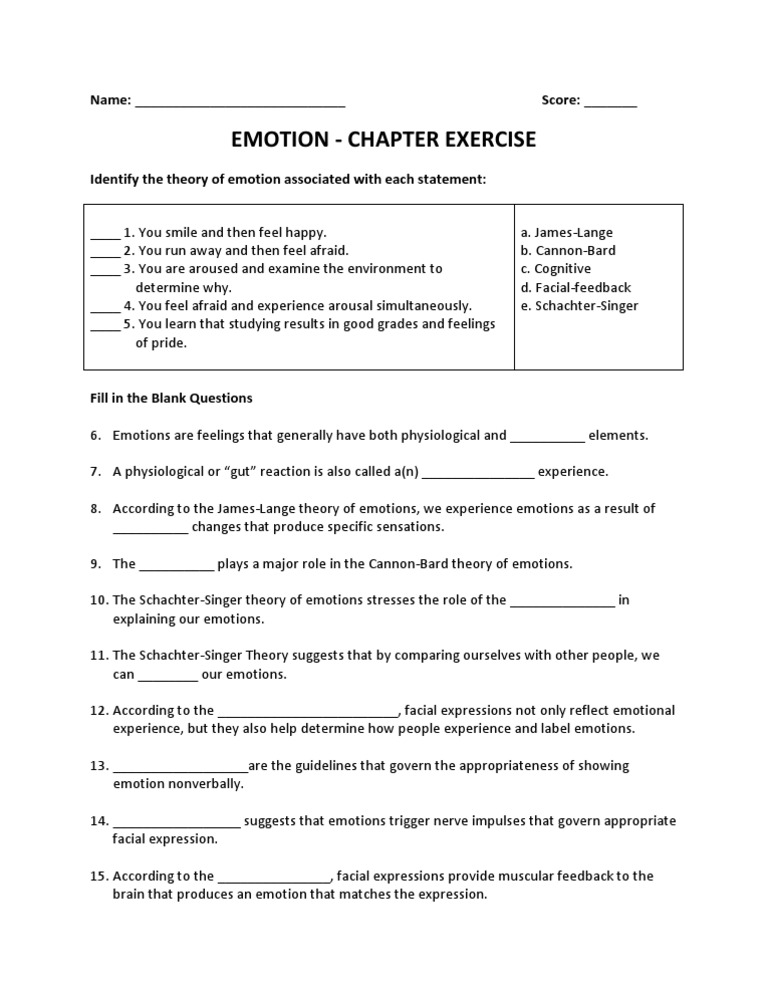 Emotion Theory Identification Exercise | PDF | Self-Improvement ...