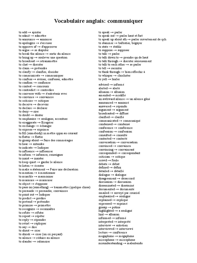 Fiche Vocabulaire Anglais Communiquer | PDF