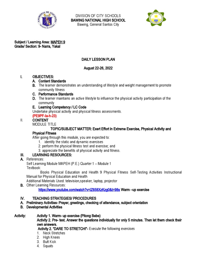 Lesson 1 Pe | PDF | Physical Education | Physical Fitness