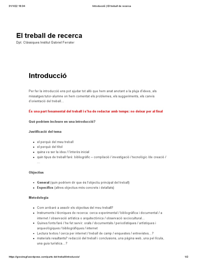 Introducció - El Treball de Recerca | PDF