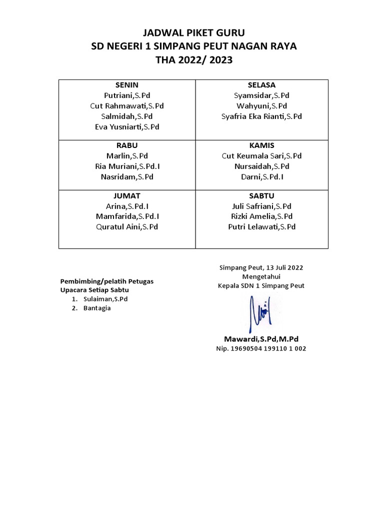 Jadwal Piket Guru SD 1 2022 - 2023 | PDF