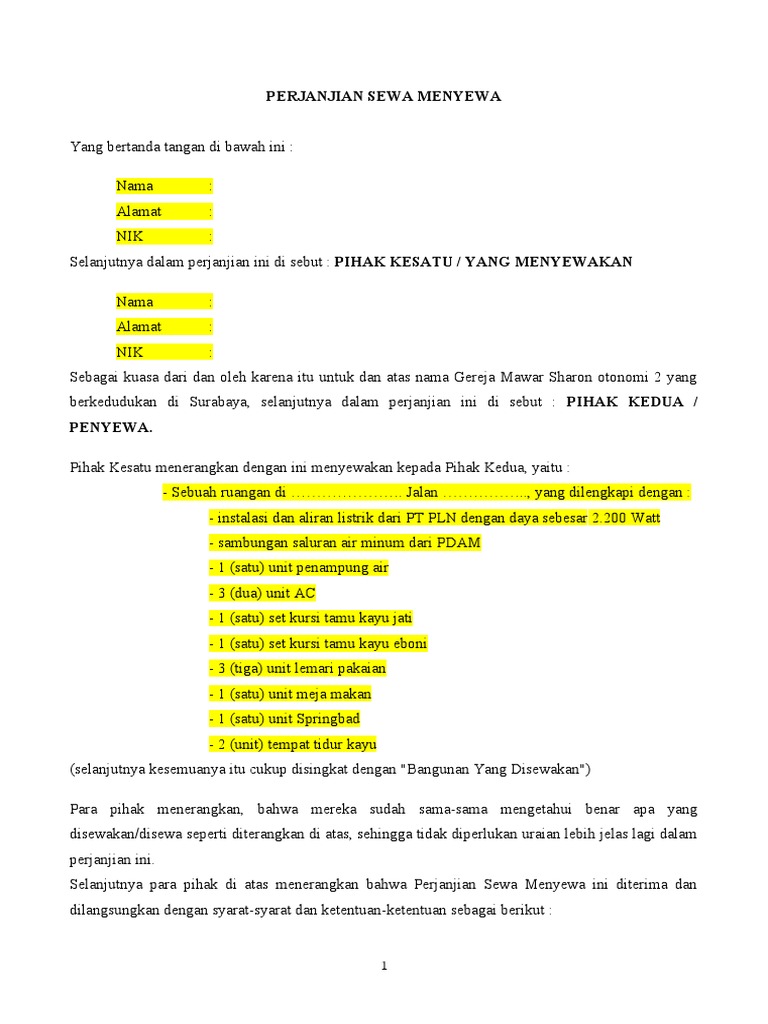 Draft Sewa Menyewa Bawah Tangan | PDF