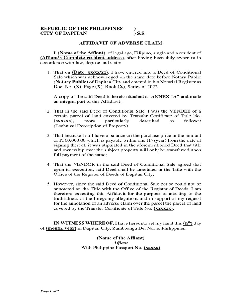 Affidavit of Adverse Claim Sample | PDF | Affidavit | Deed