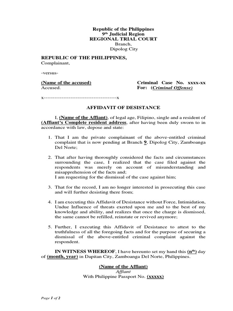 Affidavit of Desistance | Download Free PDF | Affidavit | Public Law