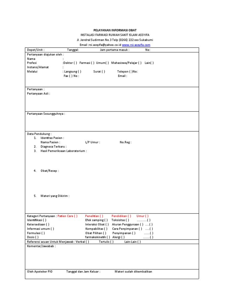 PELAYANAN INFORMASI OBAT Formulir | PDF
