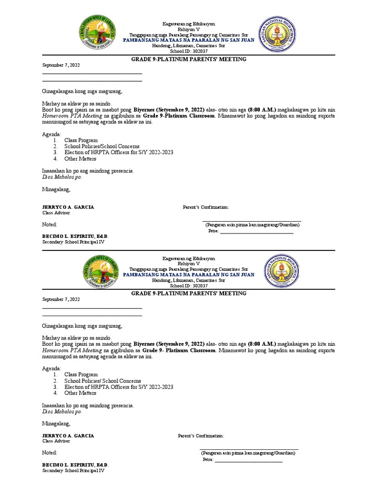 Pta Meeting Letter | PDF