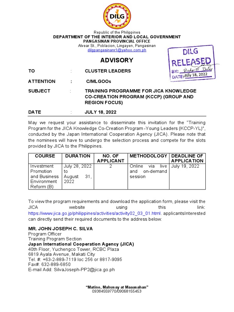 Advisory - Training Programme For Jica Knowledge Co-Creation Program ...