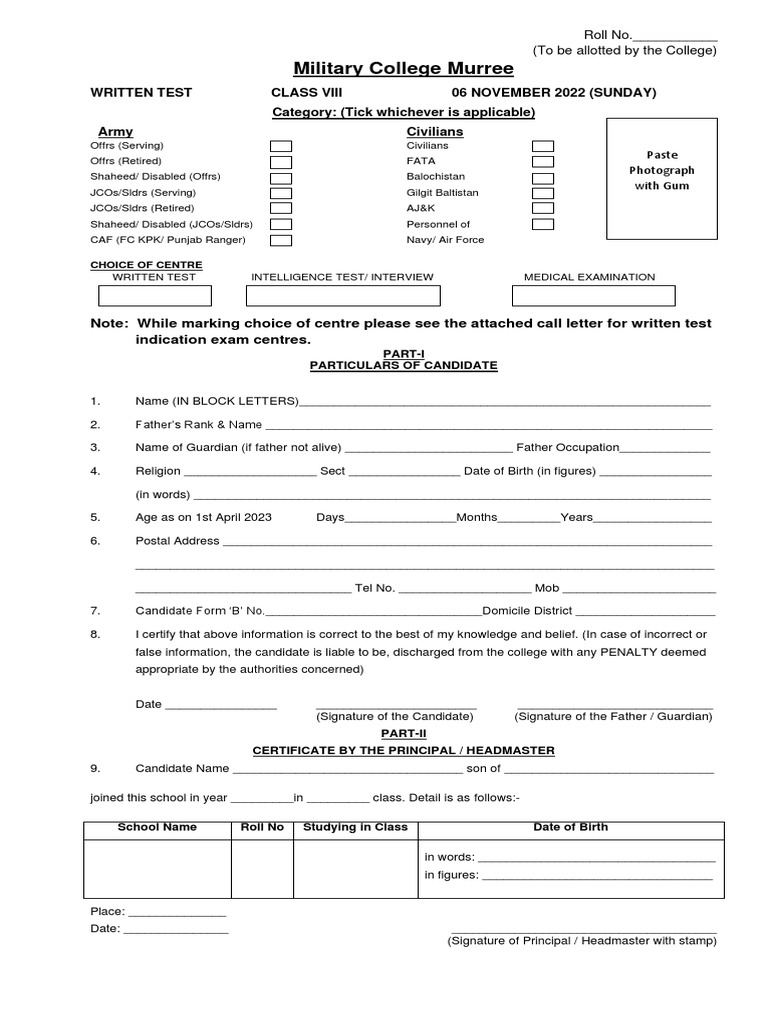 Admission Form CL VIII Entry 2023 | PDF | Test (Assessment ...
