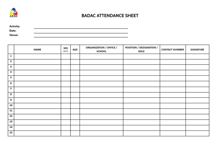 BADAC Attendance Sheet Template | PDF | Games & Activities