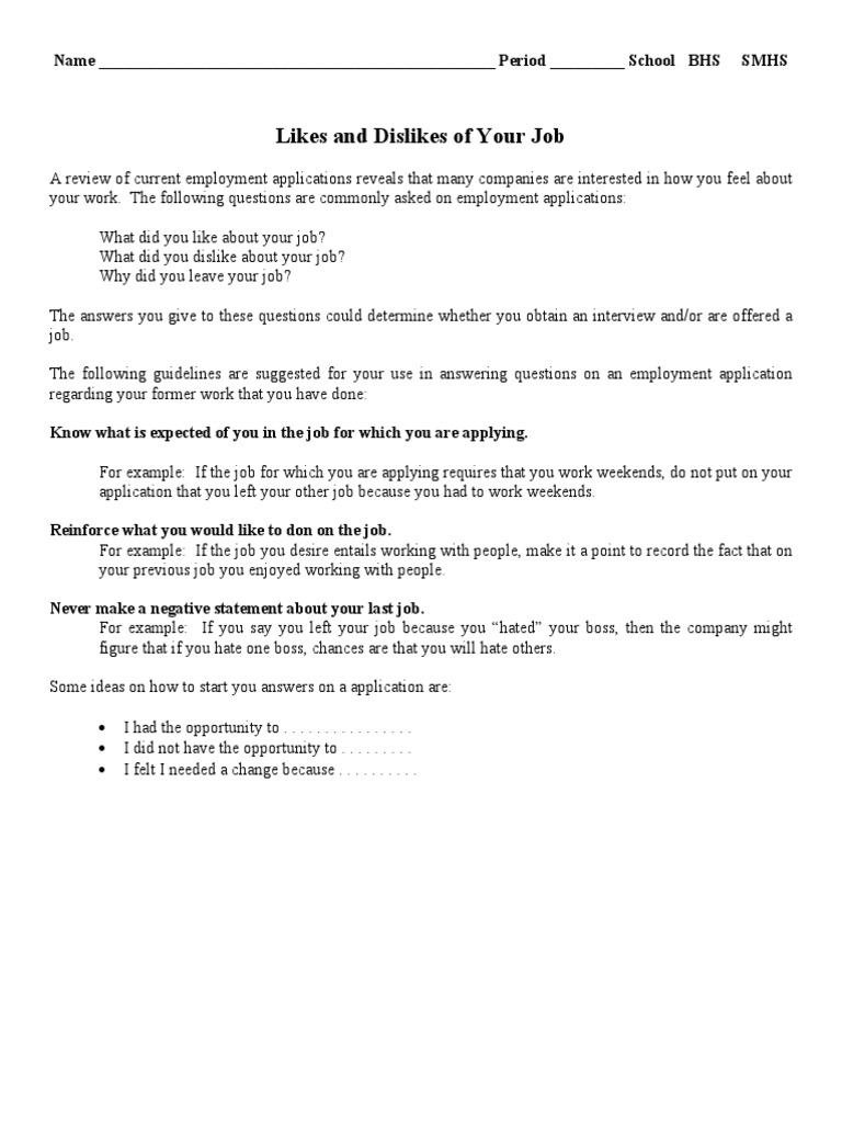 Likes and Dislikes of Your Job | PDF | Employment | Psychology