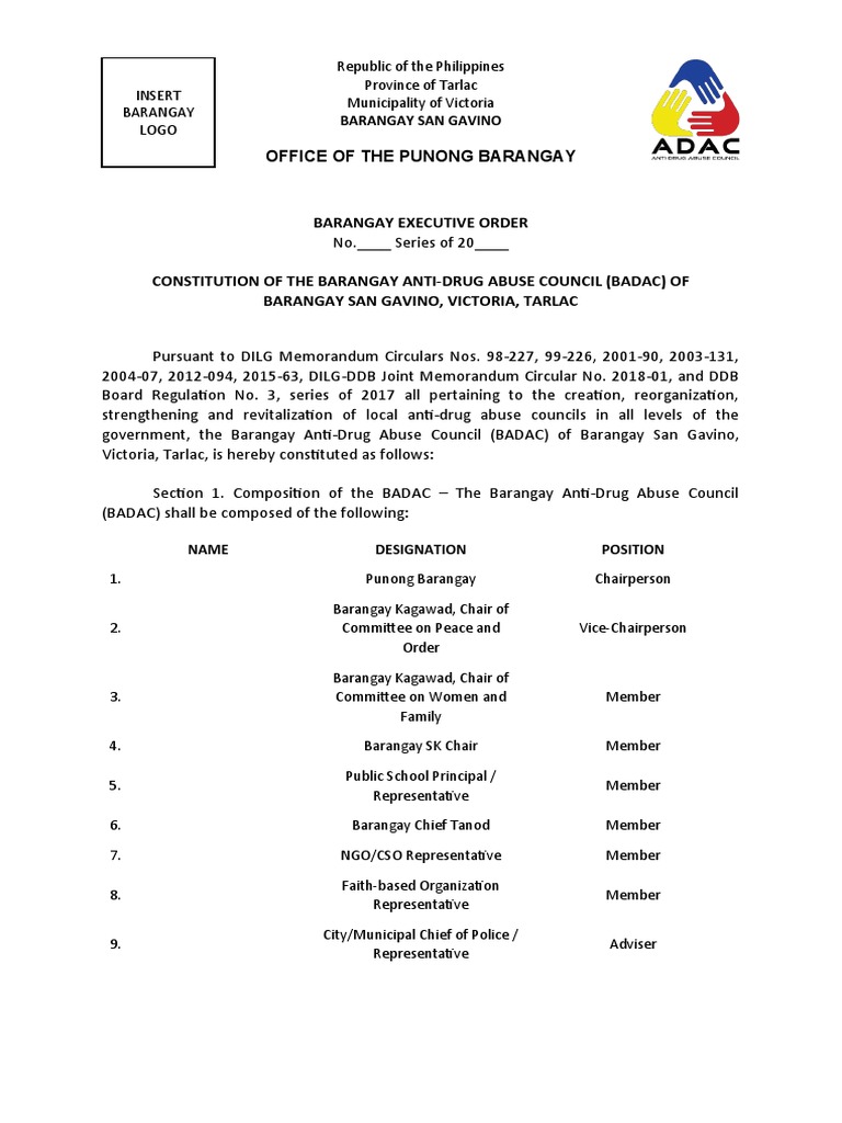 BADAC Template - Executive Order | PDF | Substance Abuse | Government