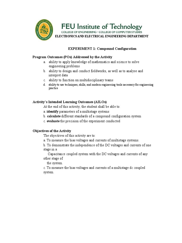 Laboratory Experiment 1 Compound Configuration | PDF | Amplifier ...