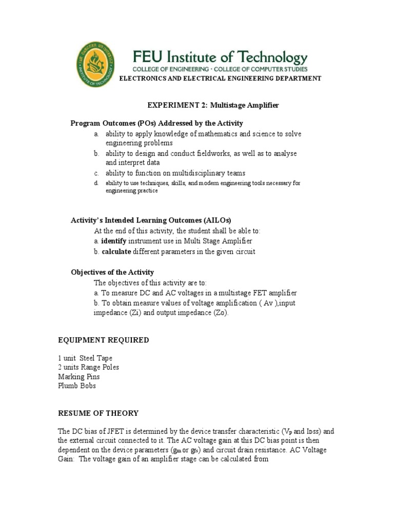 Laboratory Experiment 2 Multistage Amplifier | PDF | Amplifier ...