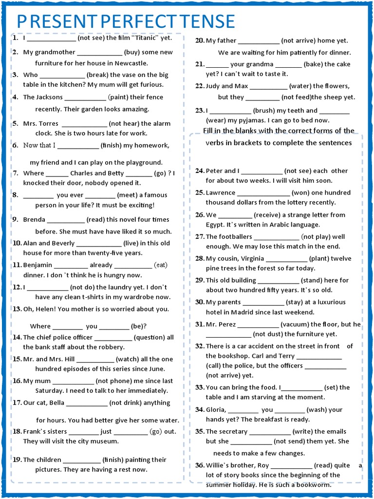 Present Perfect Tense Esl Printable Gap Fill Exercise Worksheet | PDF