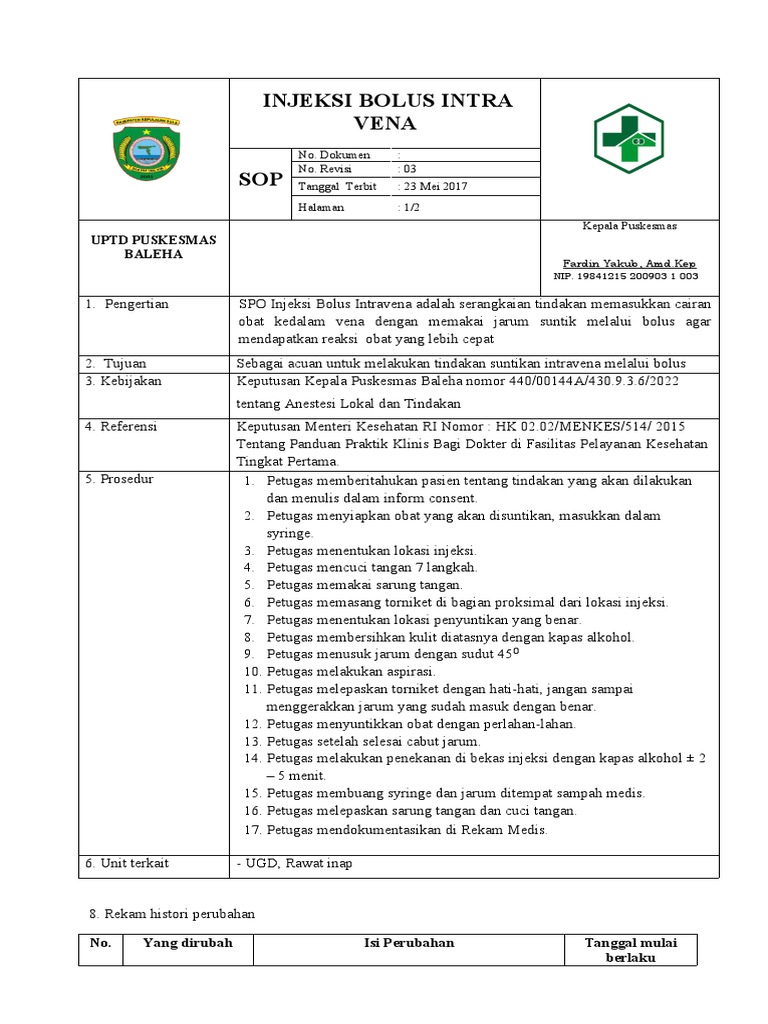 Sop Injeksi Bolus Intra Vena | PDF