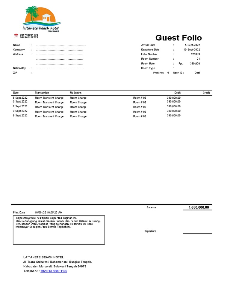 Format Bill Hotel Latanete Bungku | PDF