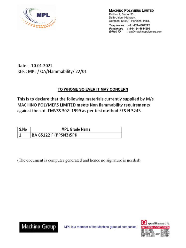 MPL Non-Flammability Certification | PDF